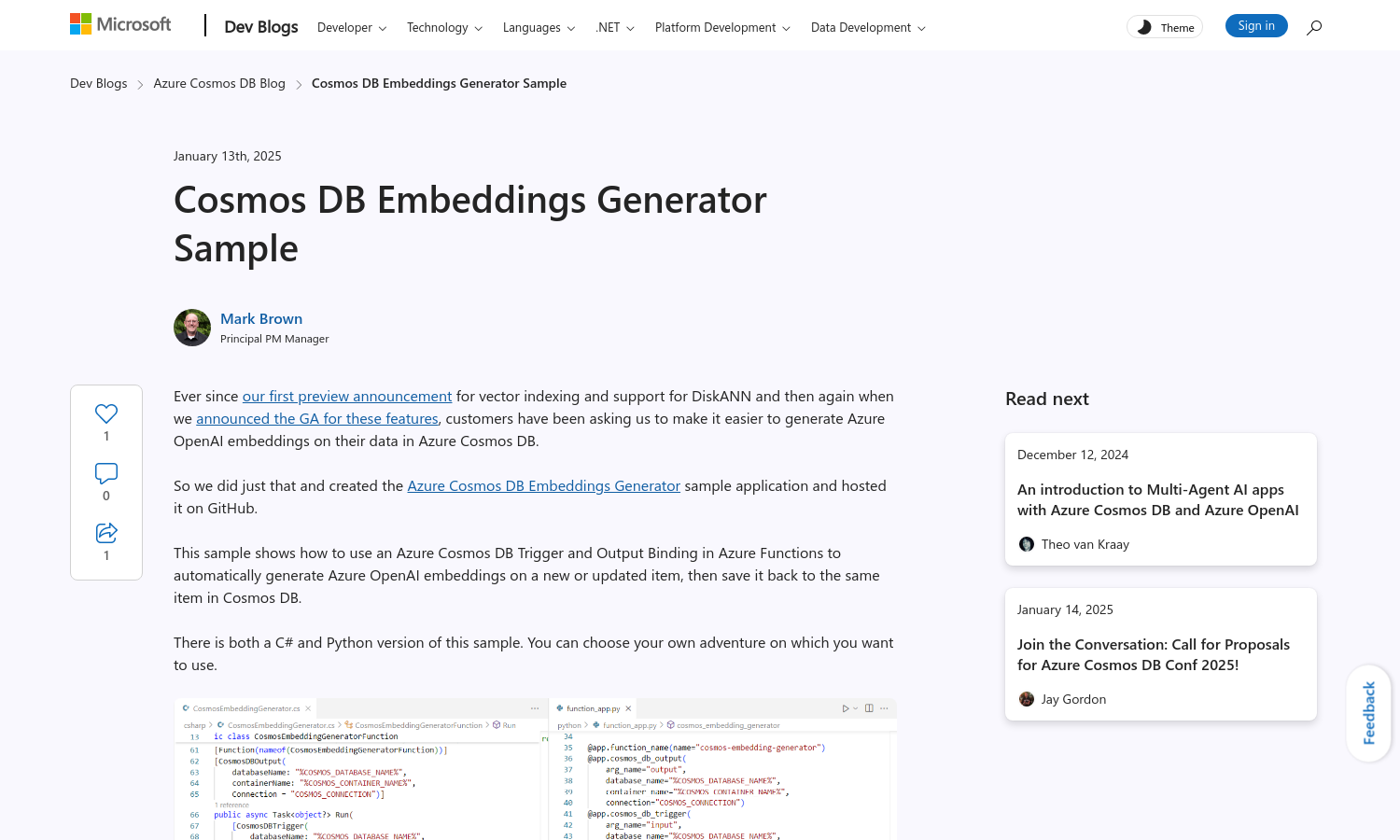 Microsoft | Cosmos DB Embeddings Generator Sample | Blog